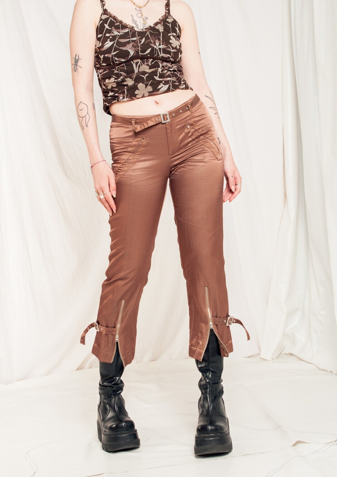 Vintage Cargo Trousers Y2K Utility Pants in Brown Satin 2000s Shiny ...