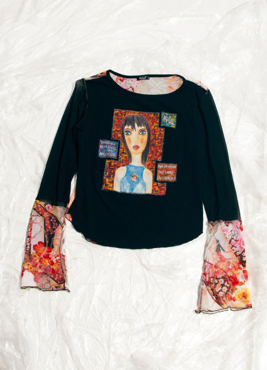 Vintage Y2K Misia Paris Top in Black Mesh Sleeves W Art Print - Etsy