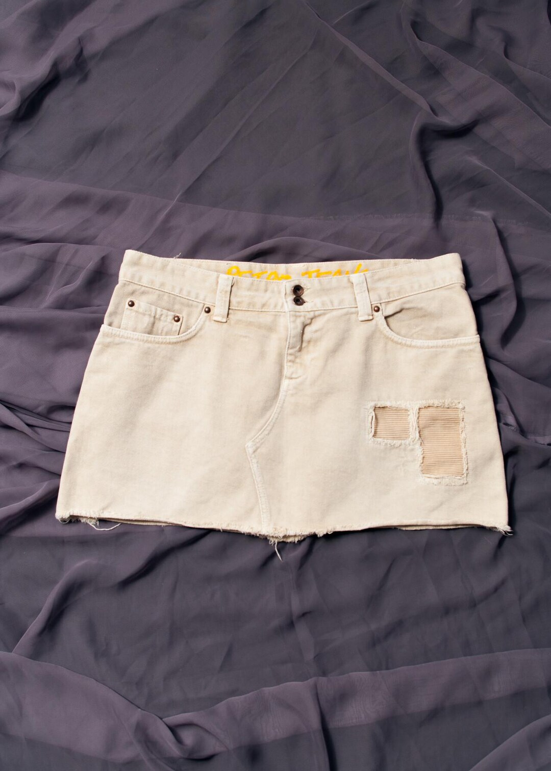 Vintage Y2K Denim Micro Skirt in Beige - 2000s Grunge Distressed Raw ...