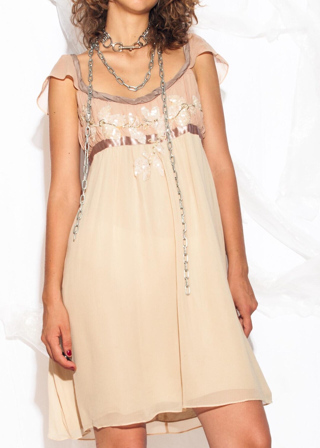 Vintage Y2K Silk Dress in Beige With Flowers 2000s Fairycore Mori Kei ...