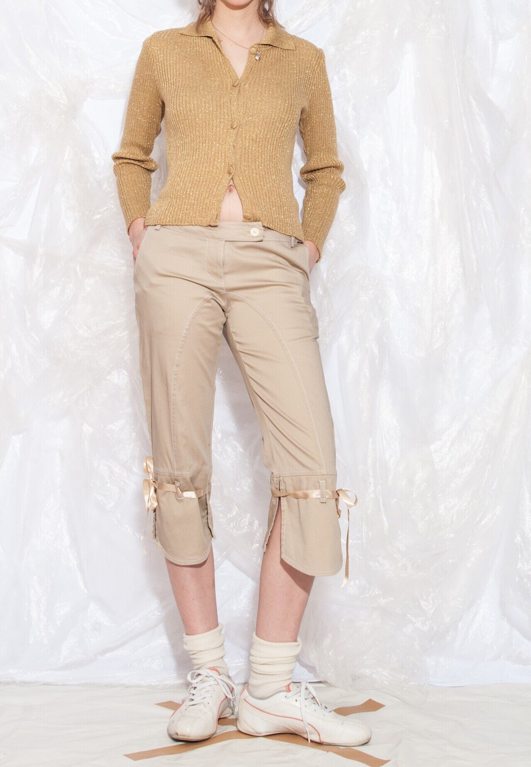 Vintage Y2K Capri Pants in Beige Satin Bow Detail 2000s Low Rise ...