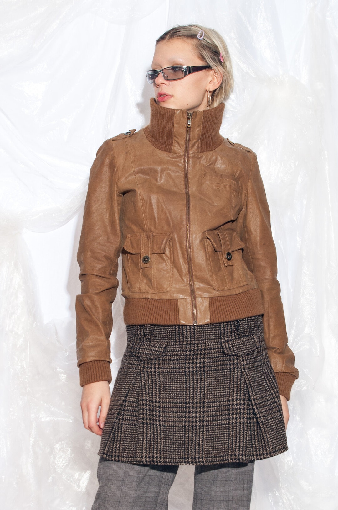 Vintage Y2K Racing Leather Jacket in Brown 2000s Racer Style Fitted ...