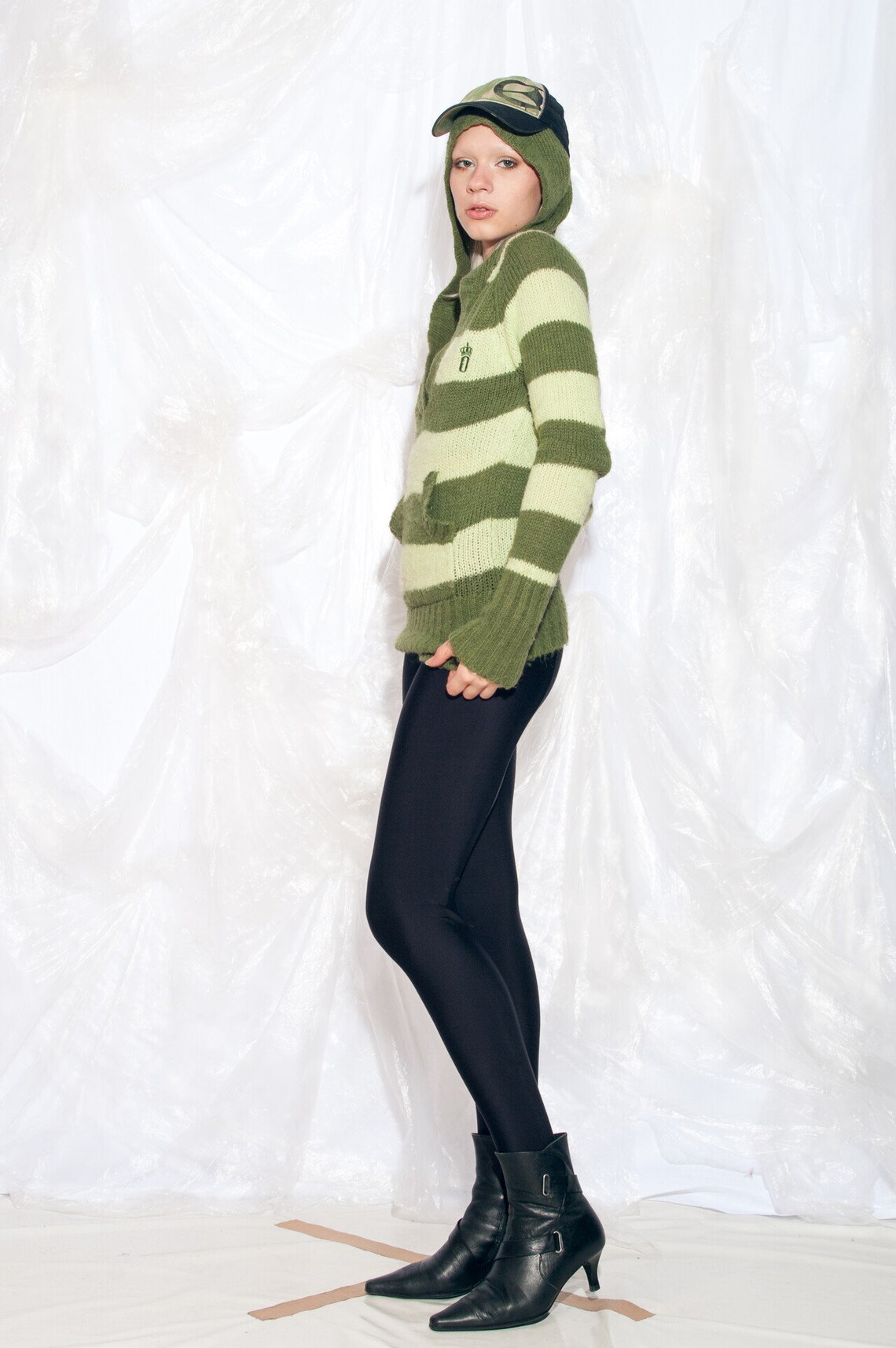 Vintage Y2K Hooded Knit Jumper in Green Striped 2000s Knitted Hoodie ...