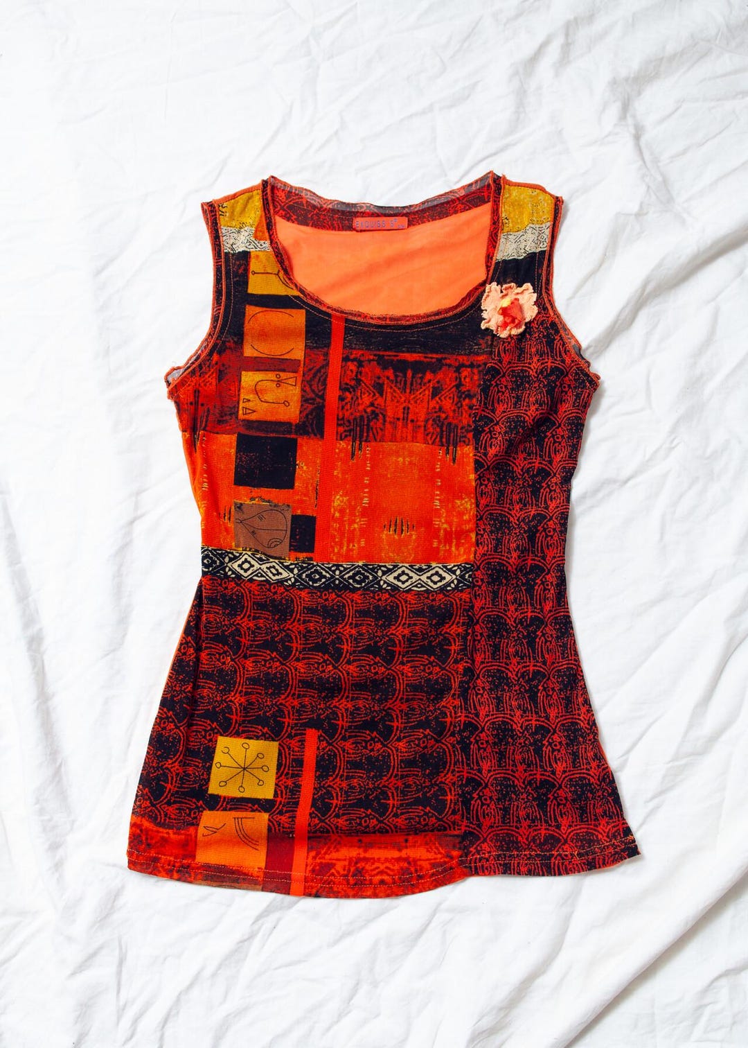 Vintage Y2K Mesh Top in Orange and Black - 2000s Whimsigoth Flower ...