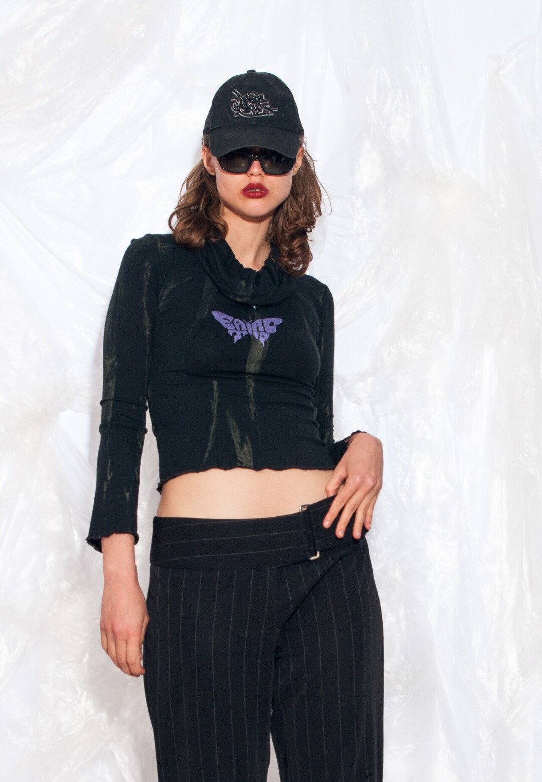 Vintage Y2K Reworked Crop Top in Black W Eat Acid Butterfly 2000s Flare ...