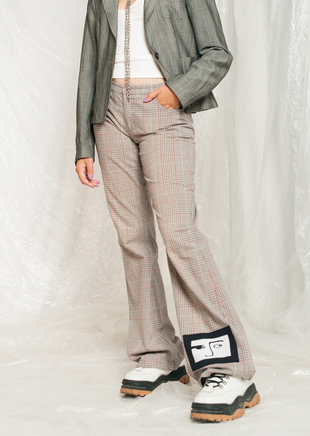 Vintage Flare Trousers Y2K Reworked Preppy Weird Face Pants 2000s Light ...