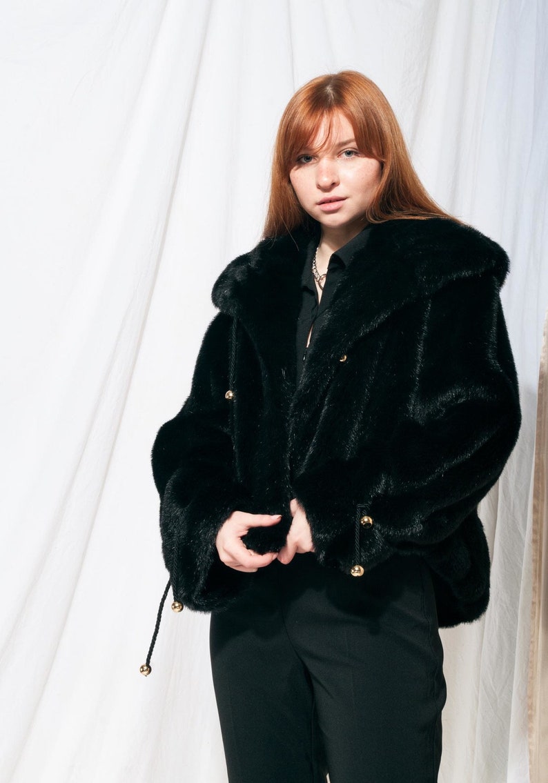 Vintage Faux Fur Coat 90s Rework Cropped Black Plush Jacket | Etsy