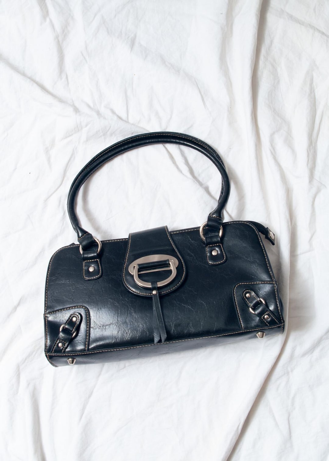 Vintage Y2K Black Baguette Bag in Faux Leather - 2000s Grunge Style ...