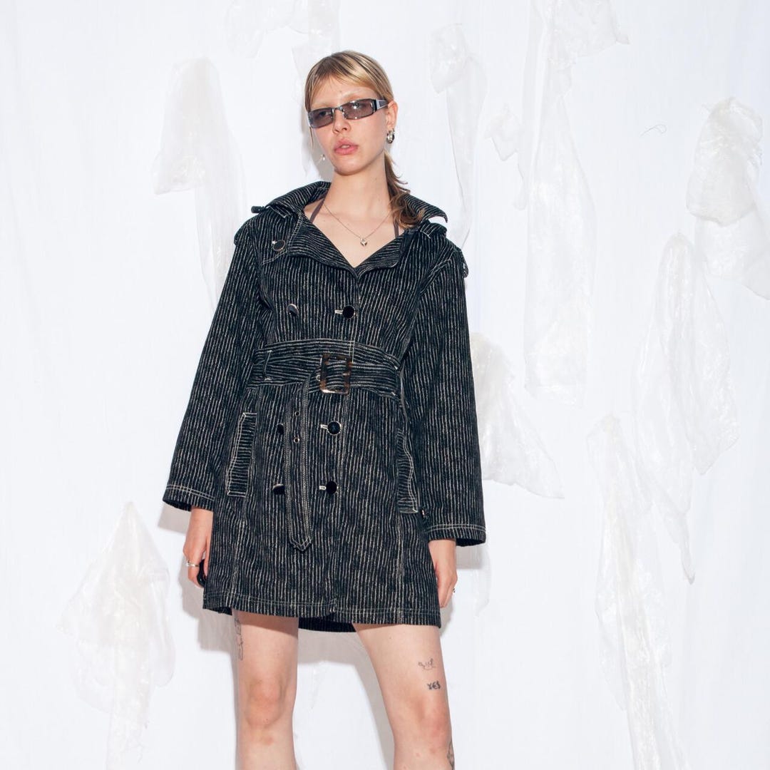 Vintage Y2K Trench Coat in Black With Pinstripes - 2000s Hooded Double ...