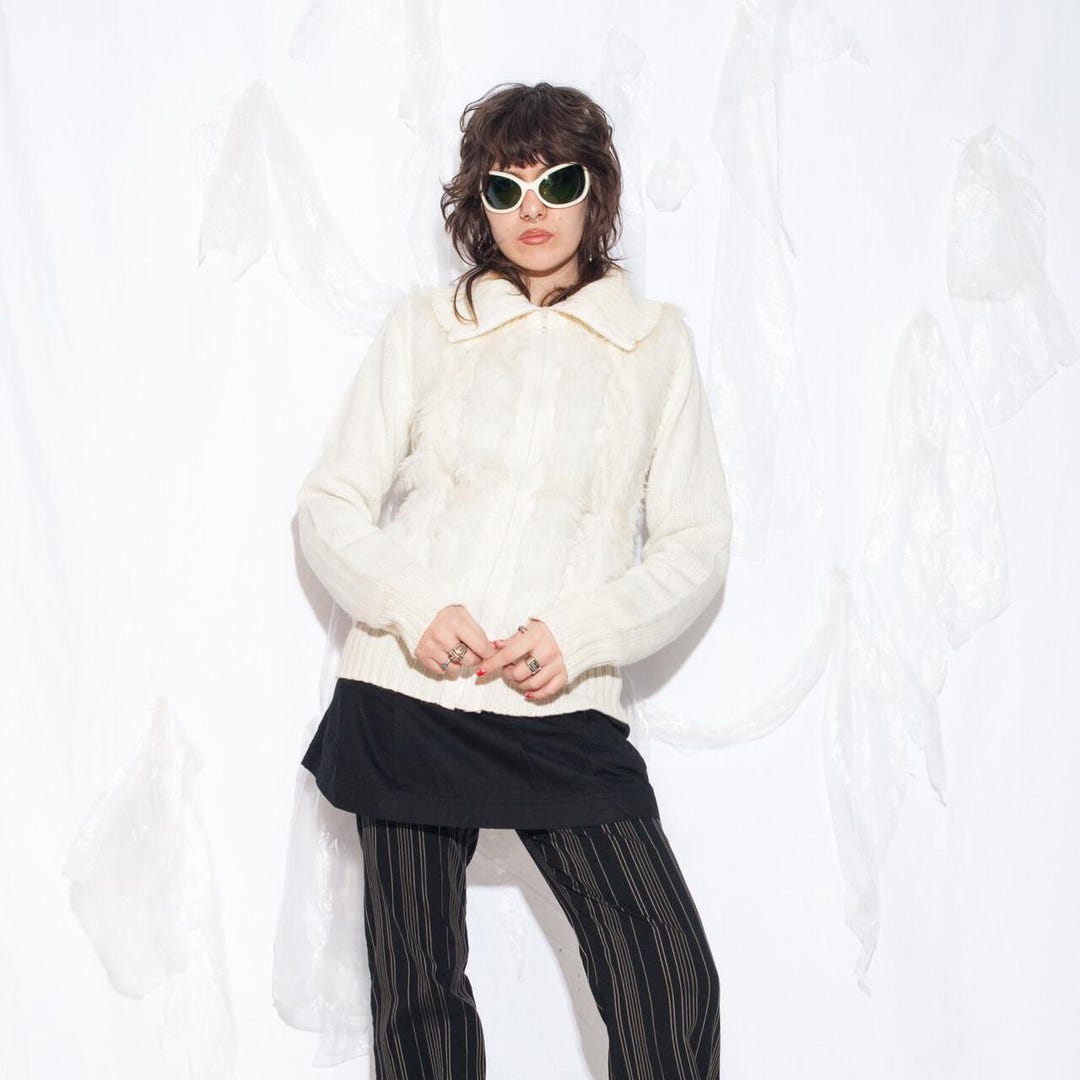 Vintage Y2K Furry Knit Cardigan in Beige - 2000s Long Sleeved Raver ...