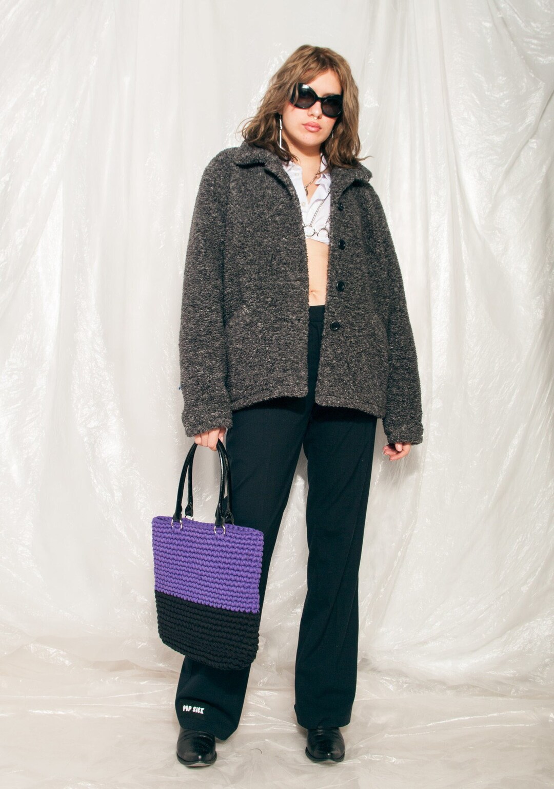 Vintage Teddy Coat Y2K Fluffy Jacket in Grey 2000s Chunky Oversized ...