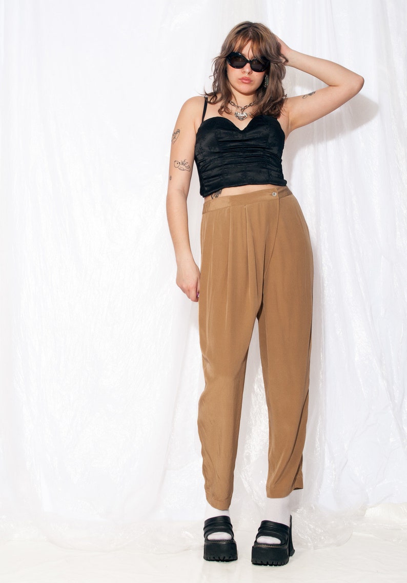 Vintage Silk Trousers 90s Rare Ruched High Rise Pants 1990s Tapered ...