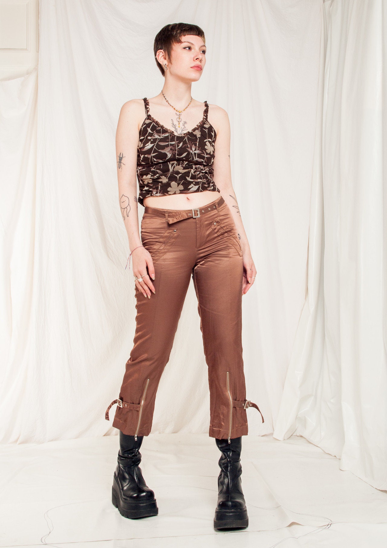 Vintage Cargo Trousers Y2K Utility Pants in Brown Satin 2000s Shiny ...
