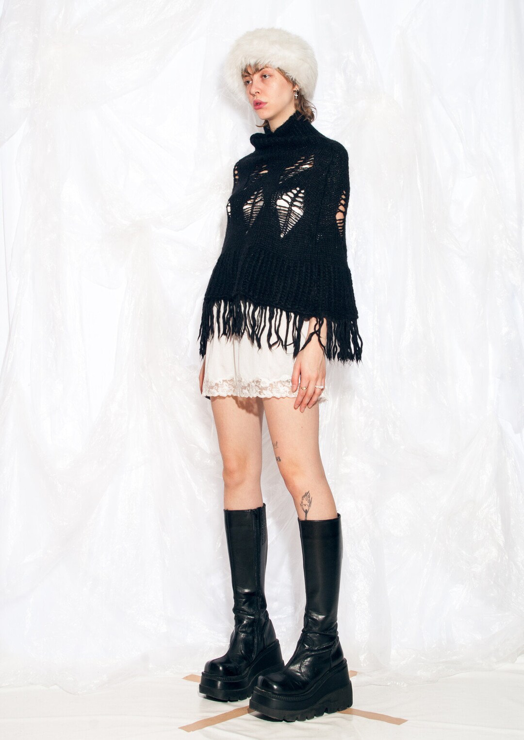 Vintage Y2K Knit Poncho in Black Lace 2000s Boho Top Sweater - Etsy