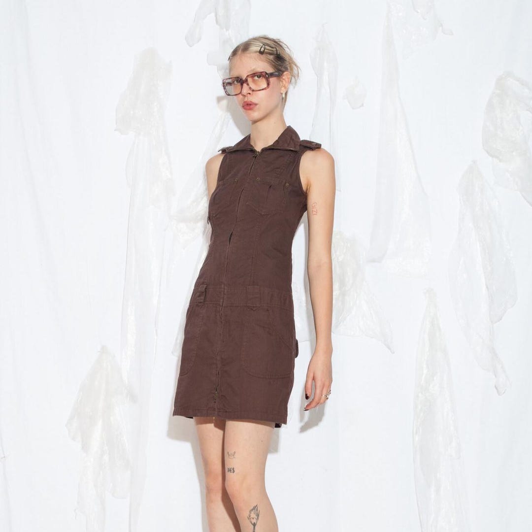 Vintage Y2K Dress in Brown Cotton - 2000s Grunge Cargo Style Mini With ...