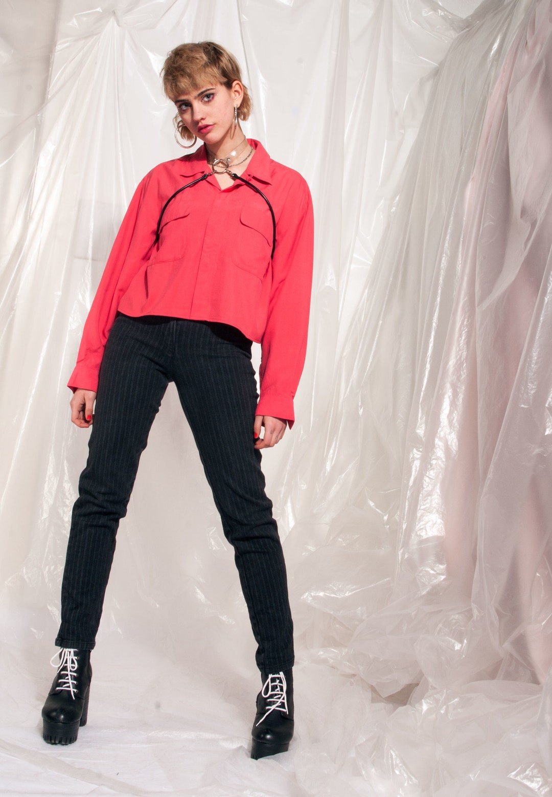 Vintage 90s Pure Silk Shirt in Pink - Y2K Style Reworked Crop Blouse ...