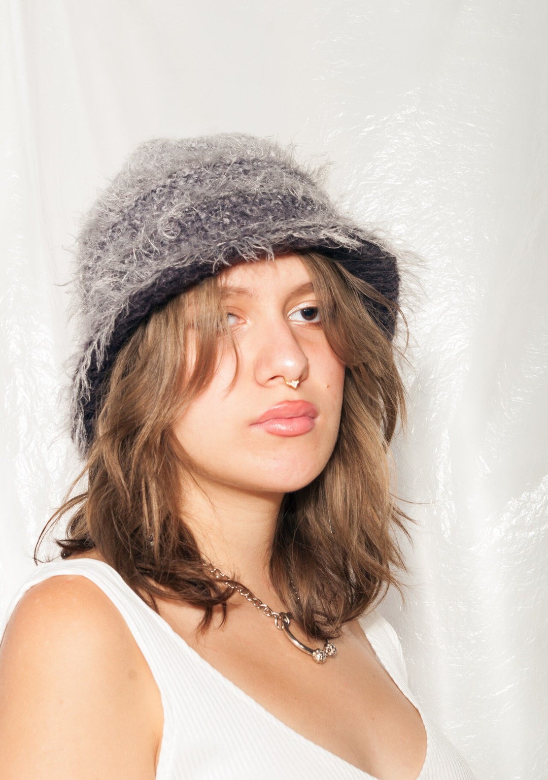 Vintage Knitted Bucket Hat 80s Reworked Fluffy Cap in Grey 1980s One ...