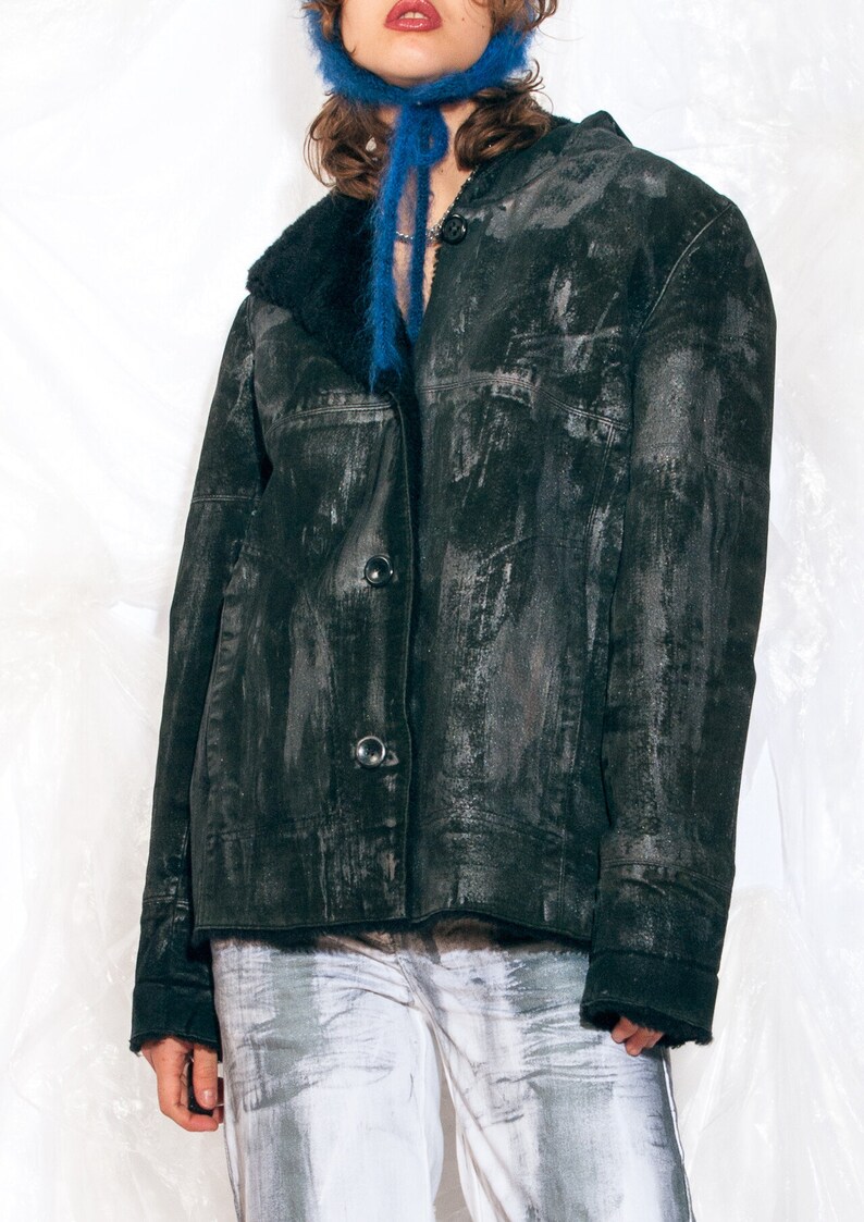 Vintage Y2K Reworked Hand Painted Leather Coat in Black 2000s Shearling ...