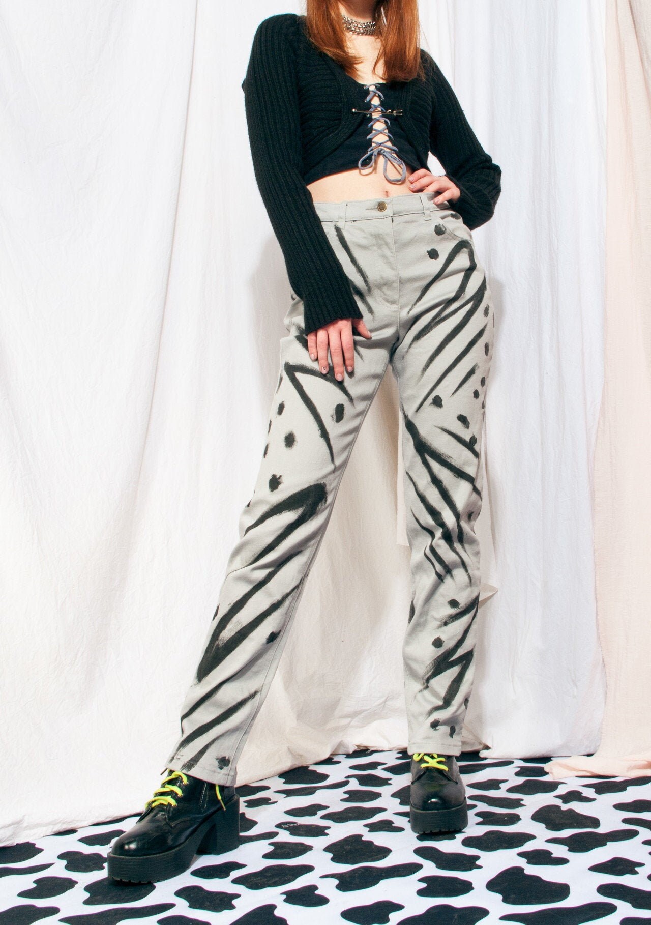 Vintage Jeans 90s Reworked Hand-painted Gray Straight Pants 1990s ...