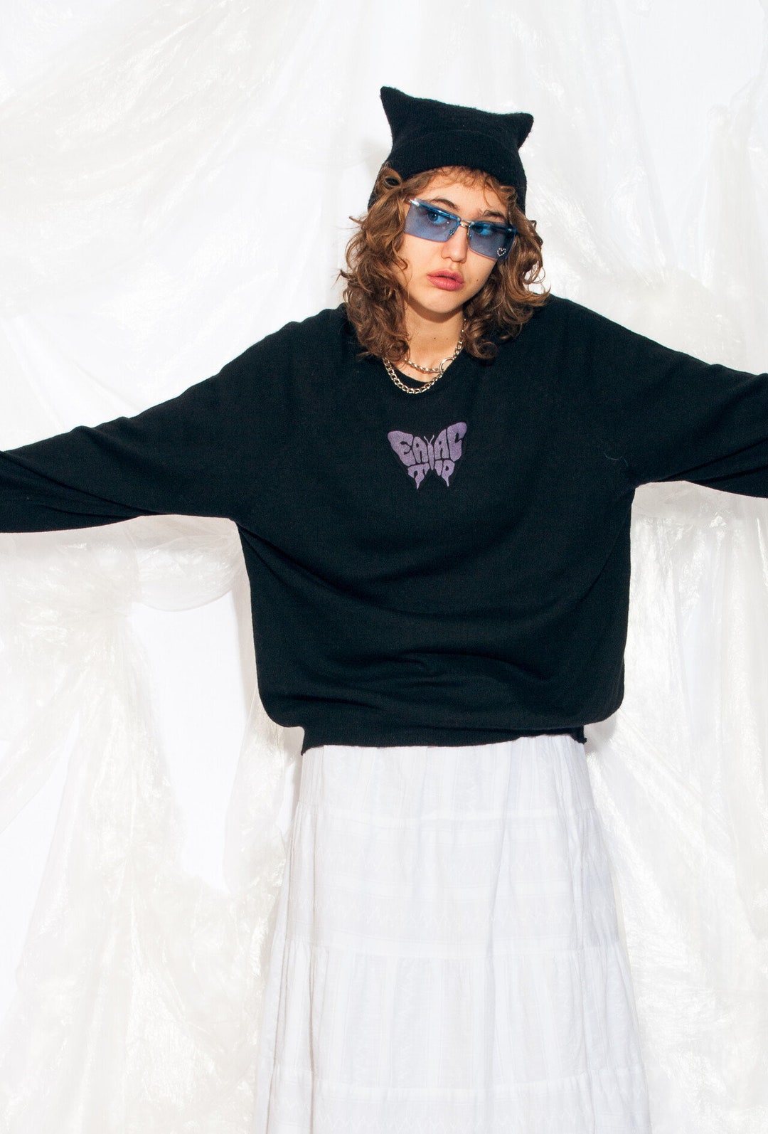 Vintage 70s Reworked Knit Jumper in Black Wool W Eat Acid Butterfly ...