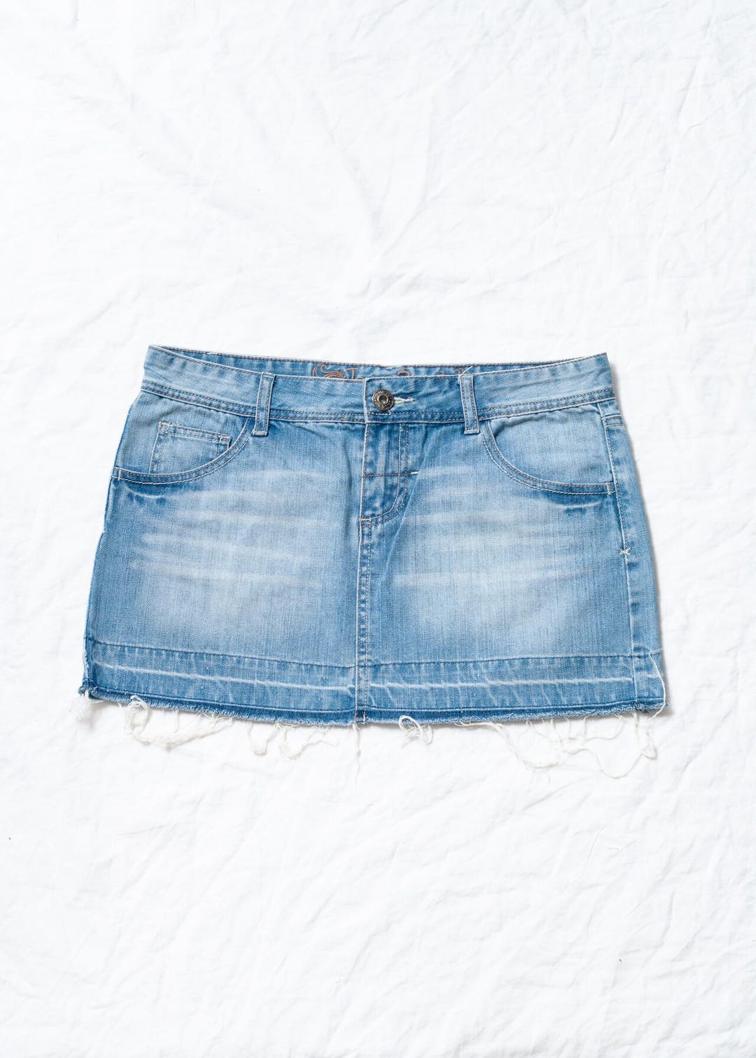 Vintage Y2K Denim Micro Skirt in Blue - 2000s Distressed Low Rise Jean ...