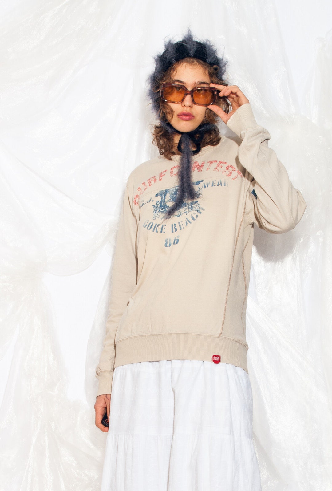 Vintage Y2K Coca Cola Long Sleeved Top in Beige 2000s Patchwork Logo ...