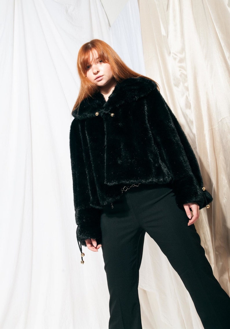 Vintage Faux Fur Coat 90s Rework Cropped Black Plush Jacket | Etsy