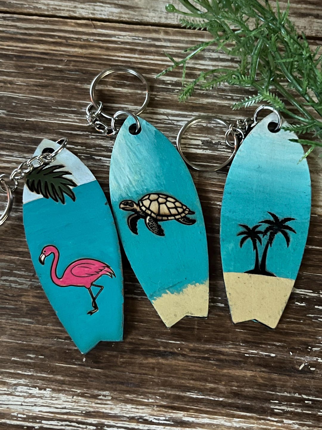 Tropical Surfboard Keychain Set: Flamingo, Turtle, Palm Tree - Etsy