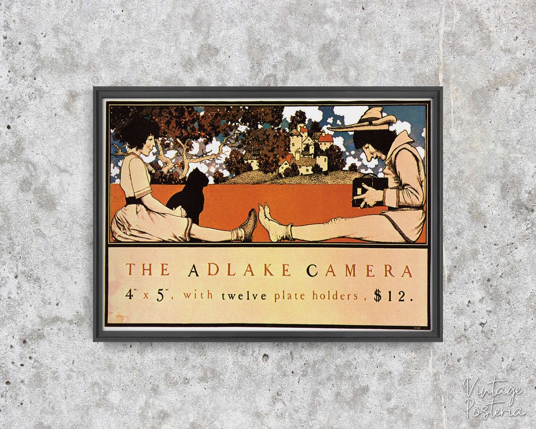 The Adlake Camera, Retro Poster, Couple and Castle, Beige and Orange ...