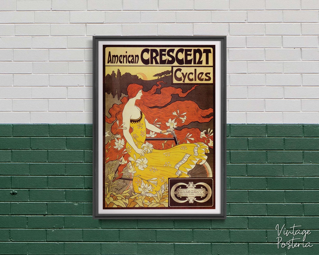 American Crescent Cycles, Retro Poster, Woman and Bicycle, Yellow and ...