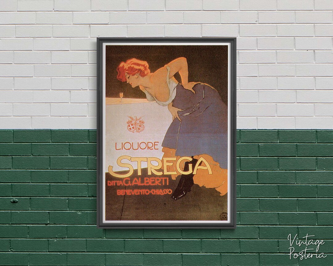 Liquore Strega, Retro Poster, Woman and Drink, Brown and Blue, Home ...