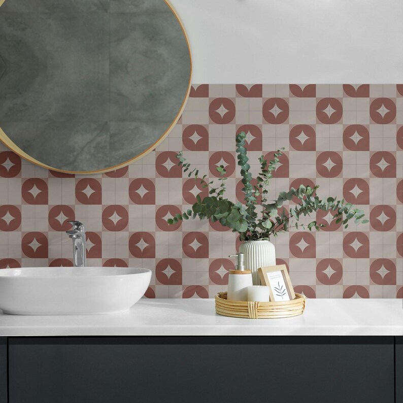 Geometric Circles PVC Floor Tiles, Red Tile Stickers, Peel and Stick ...