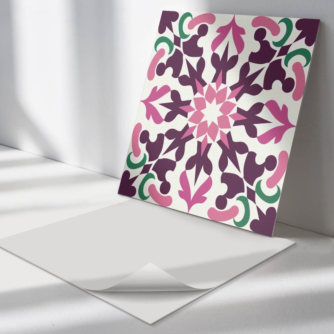 Symmetrical Plant Pattern PVC Floor Tiles, Pink Tile Stickers, Peel and ...