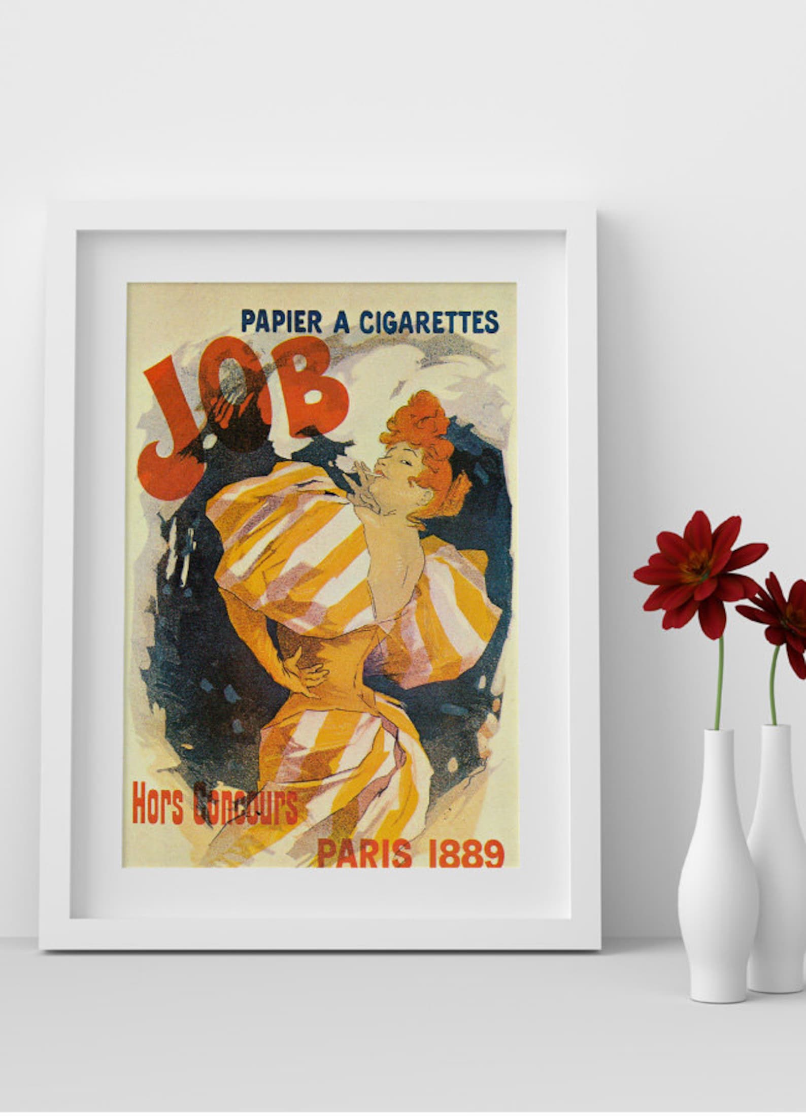 Job Papier a Cigarettes, Retro Poster, Woman and Cigarettes, Yellow and ...