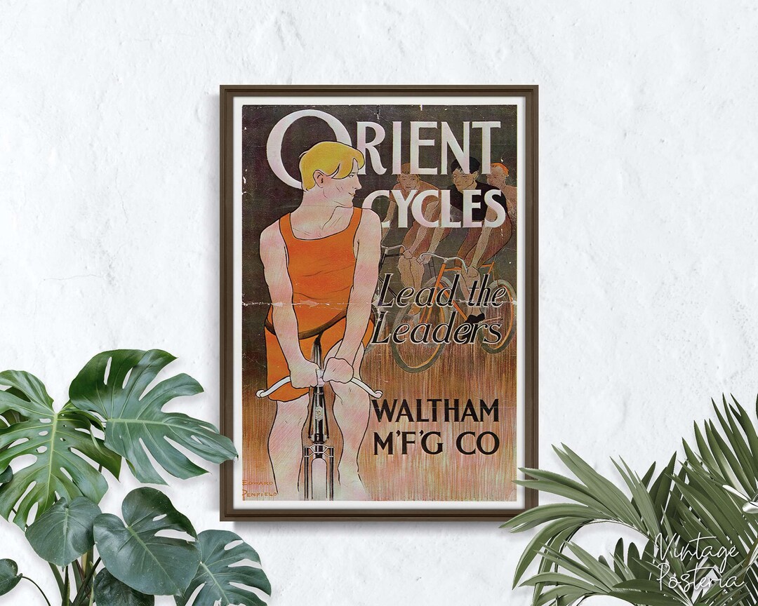 Orient Cycles, Retro Poster, Man and Bicycle, Brown and Orange, Iconic ...