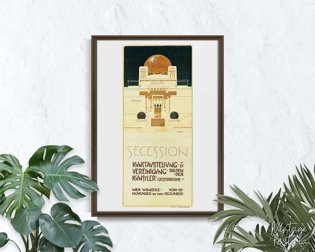 Vienna Secession Exhibition, Retro Poster, Building and Night, Yellow ...
