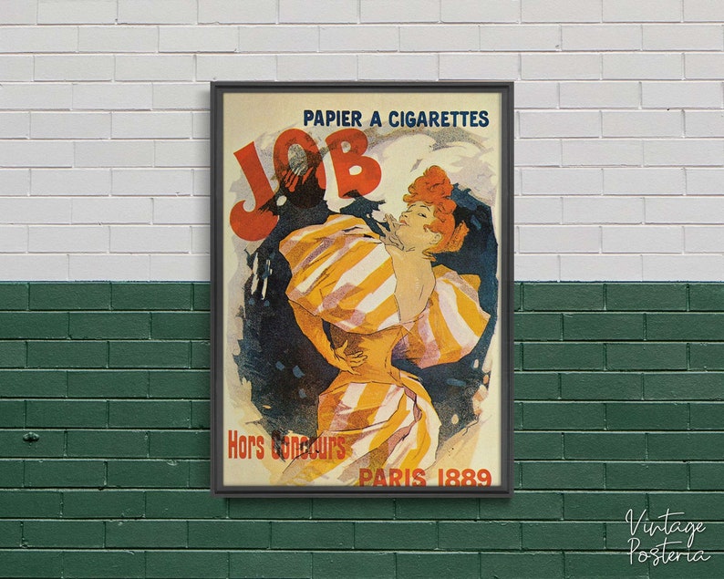 Job Papier a Cigarettes, Retro Poster, Woman and Cigarettes, Yellow and ...