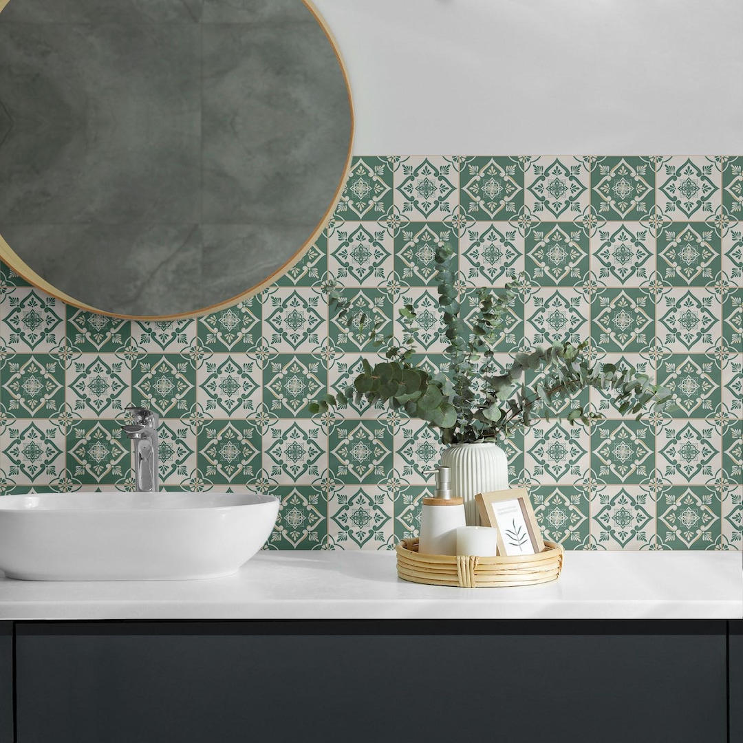 Floral Patterns on Tiles PVC Floor Tiles, Green Tile Stickers ...