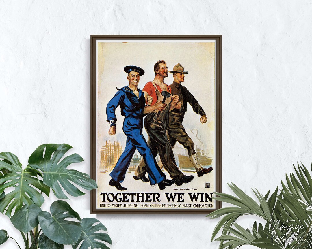 Together We Win, Retro Poster, Man and Walking, White and Blue, Wall ...