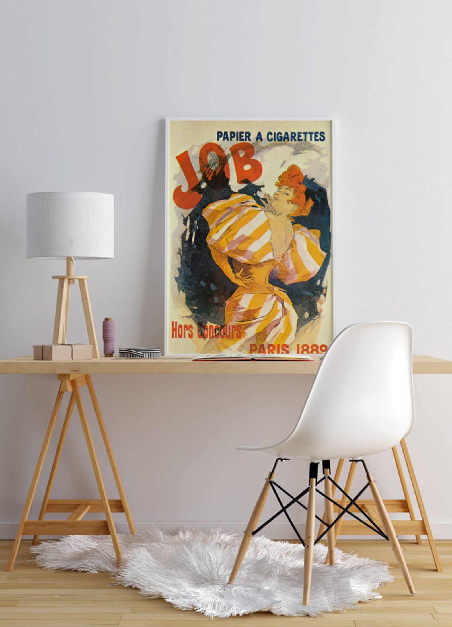 Job Papier a Cigarettes, Retro Poster, Woman and Cigarettes, Yellow and ...