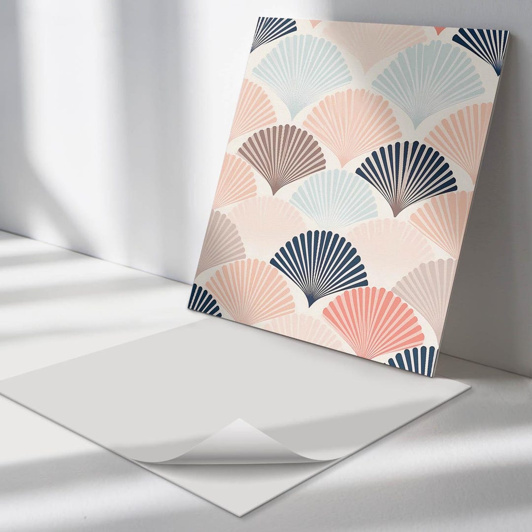 Pattern of Fans in Waves PVC Floor Tiles, Beige Tile Stickers, Peel and ...