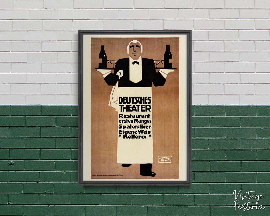 Deutches Theater Restaurant, Retro Poster, Waiter and Glass, Brown and ...