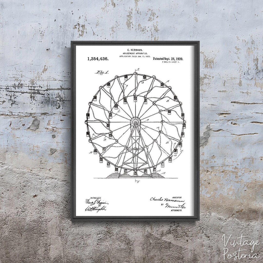 Ferris Wheel Hermann Patent- Retro Poster, Retro Wall Decoration ...