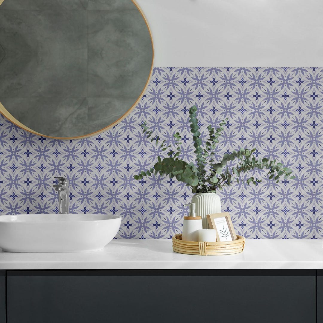 Geometric Flowers PVC Floor Tiles, Blue Tile Stickers, Peel and Stick ...