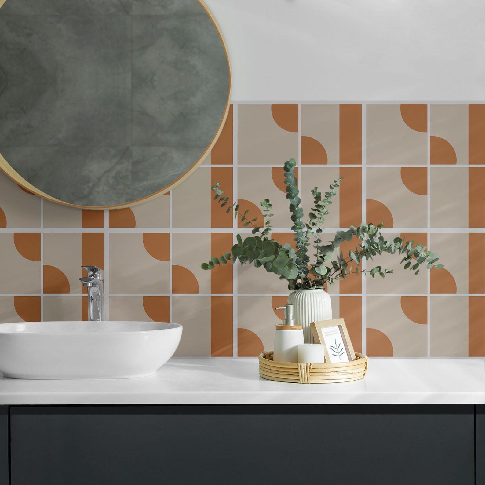 Abstract Geometric Shapes PVC Floor Tiles, Orange Tile Stickers ...