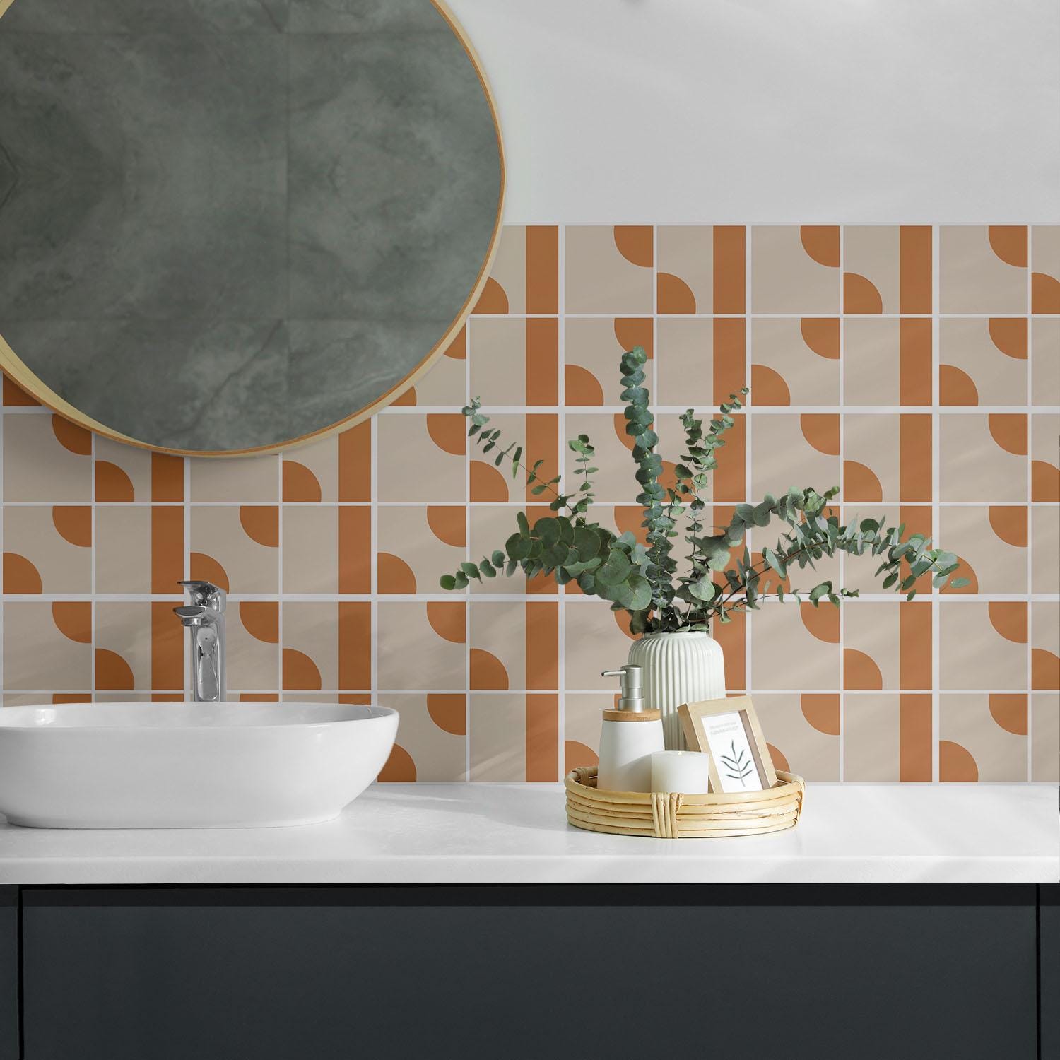 Abstract Geometric Shapes PVC Floor Tiles, Orange Tile Stickers ...