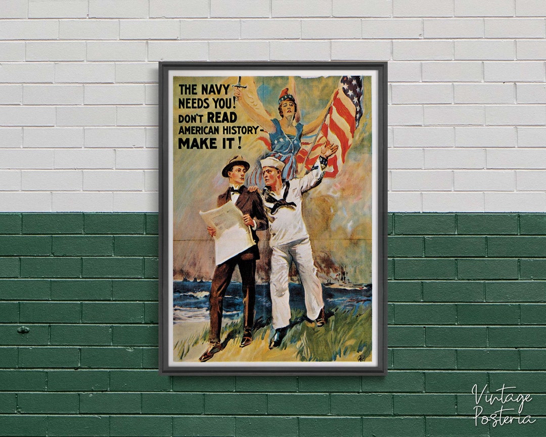 The Navy Needs You, Retro Poster, Man and Sailor, Green and Yellow ...