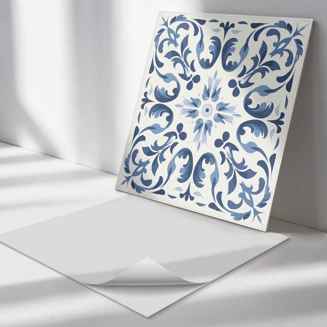 Floral Pattern on Tiles PVC Floor Tiles, Blue Tile Stickers, Peel and ...
