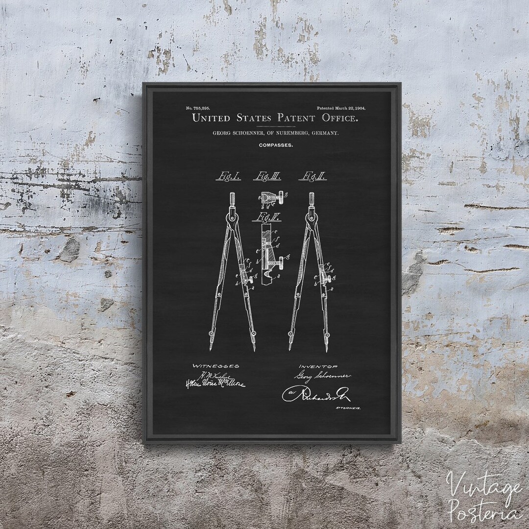 Drawing Compass Schoenner United States Patent Retro Poster, Retro Wall ...