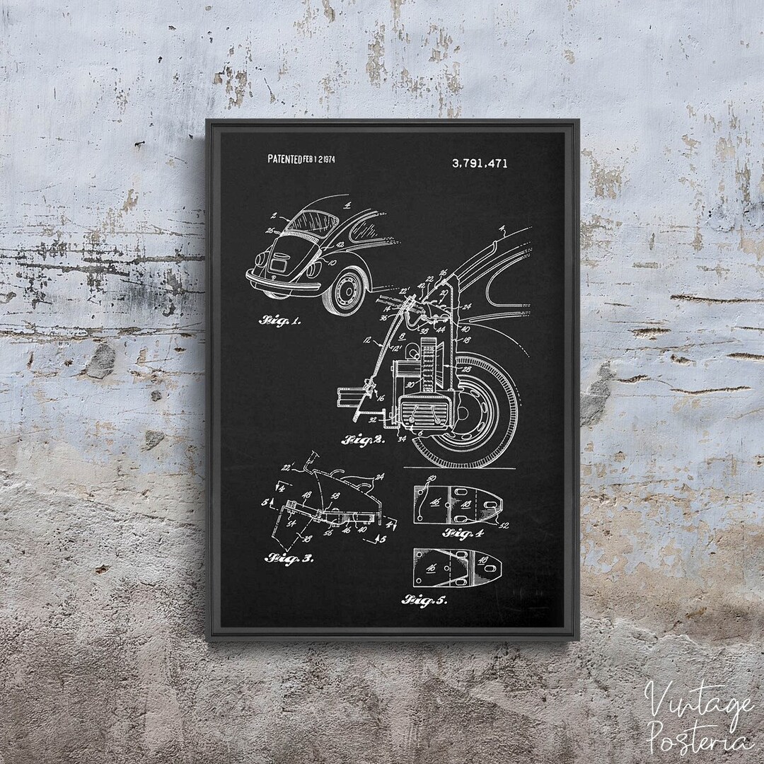 VW Beetle Patent Retro Poster, Retro Print, Patent Drawing, Patents ...